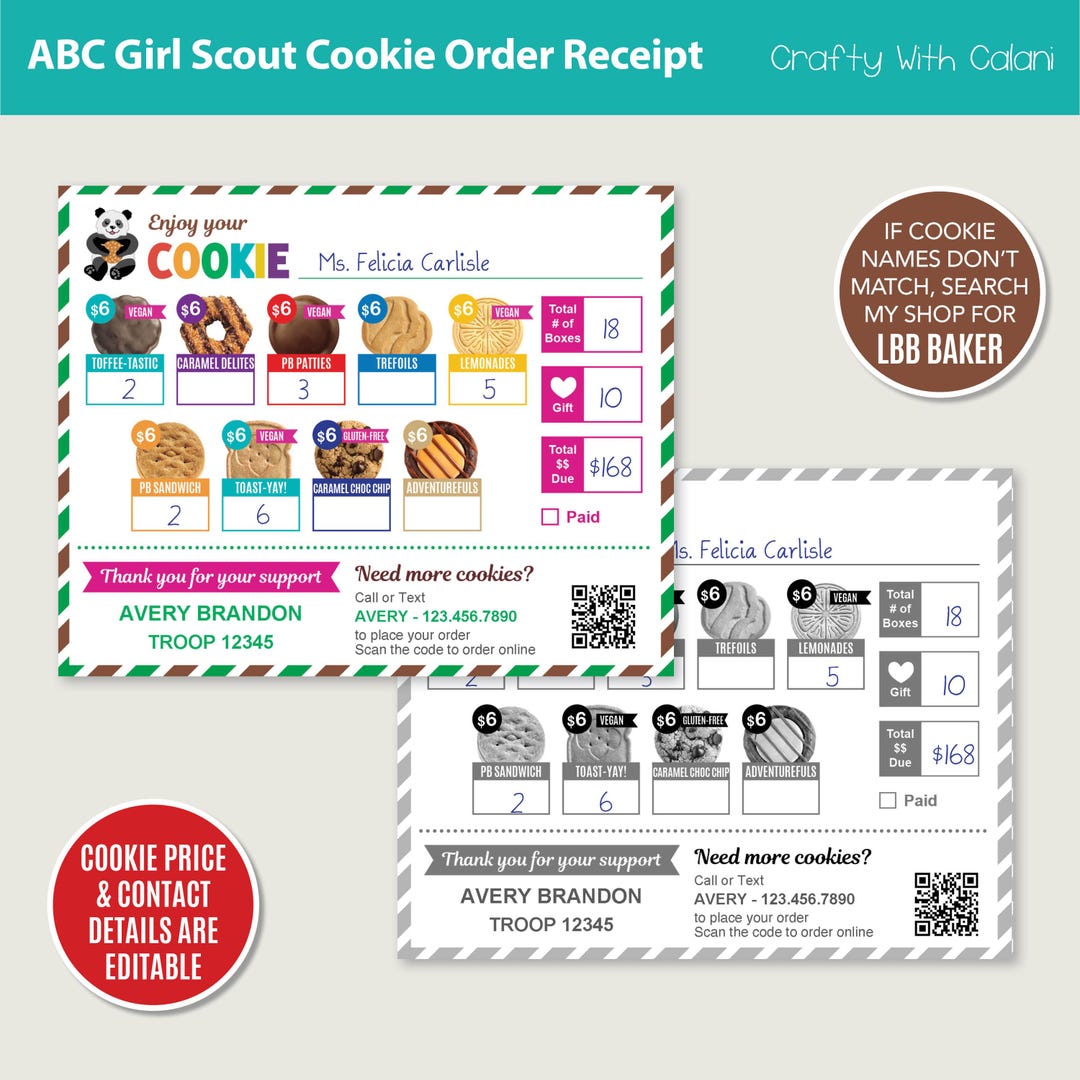 Girl Scout Cookie 2025 Receipt Template, ABC Cookie Order Recap, Scout ...