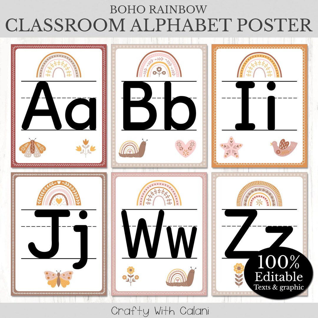 Alphabet Poster Classroom Decoration, Boho Rainbow Classroom, ABC ...