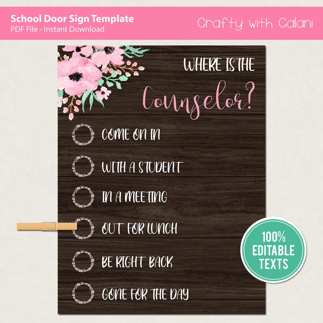 School Door Sign Template, Chalkboard Door Sign, Where is the Counselor ...