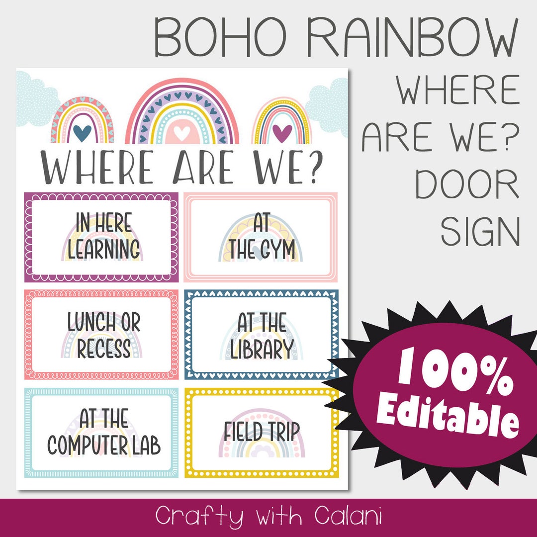 Classroom Door Sign, Boho Rainbow Classroom, Where Are We Door Sign ...