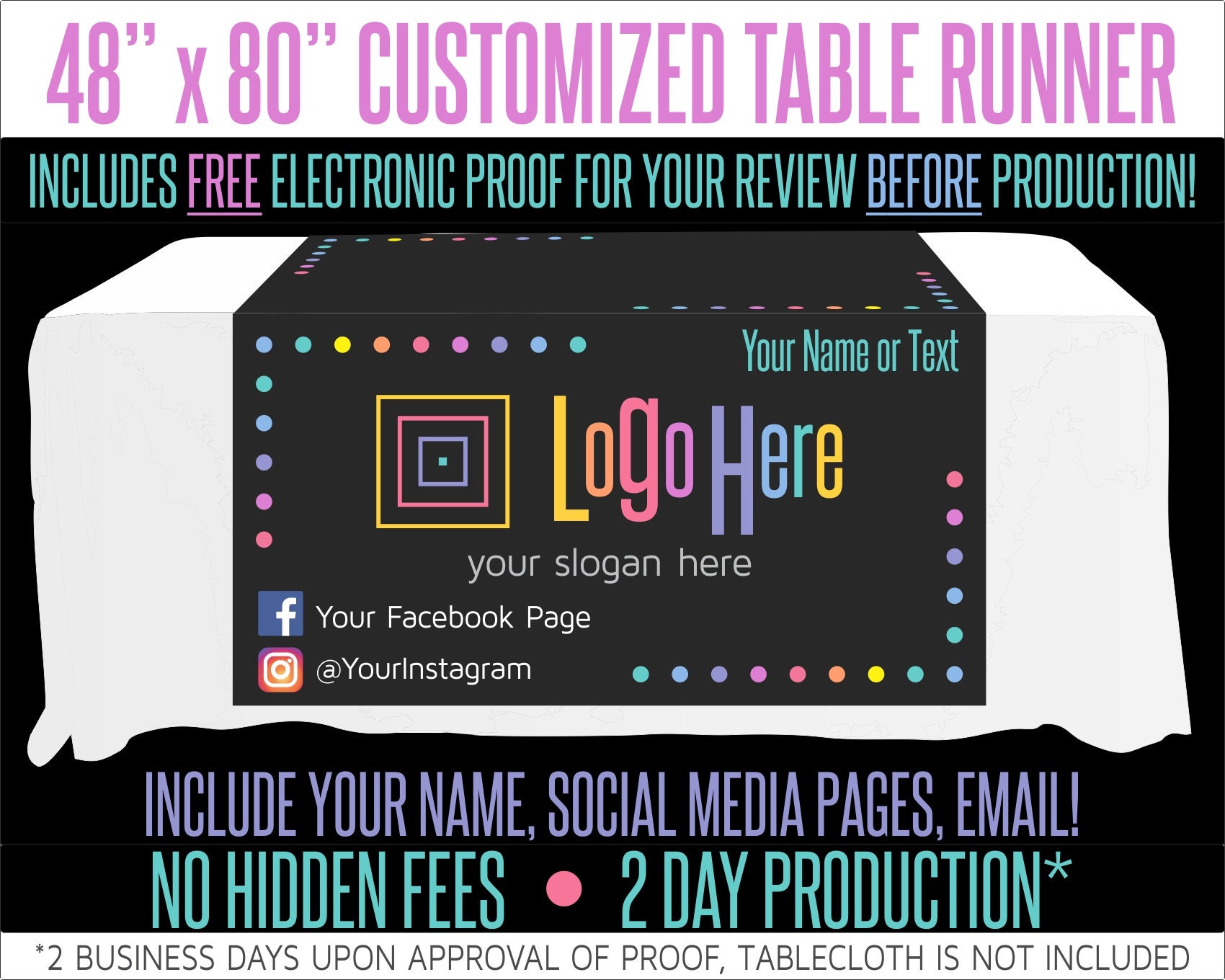 Full Color Table Runner With Your Logo in a Circle Styled Border- 48" X ...