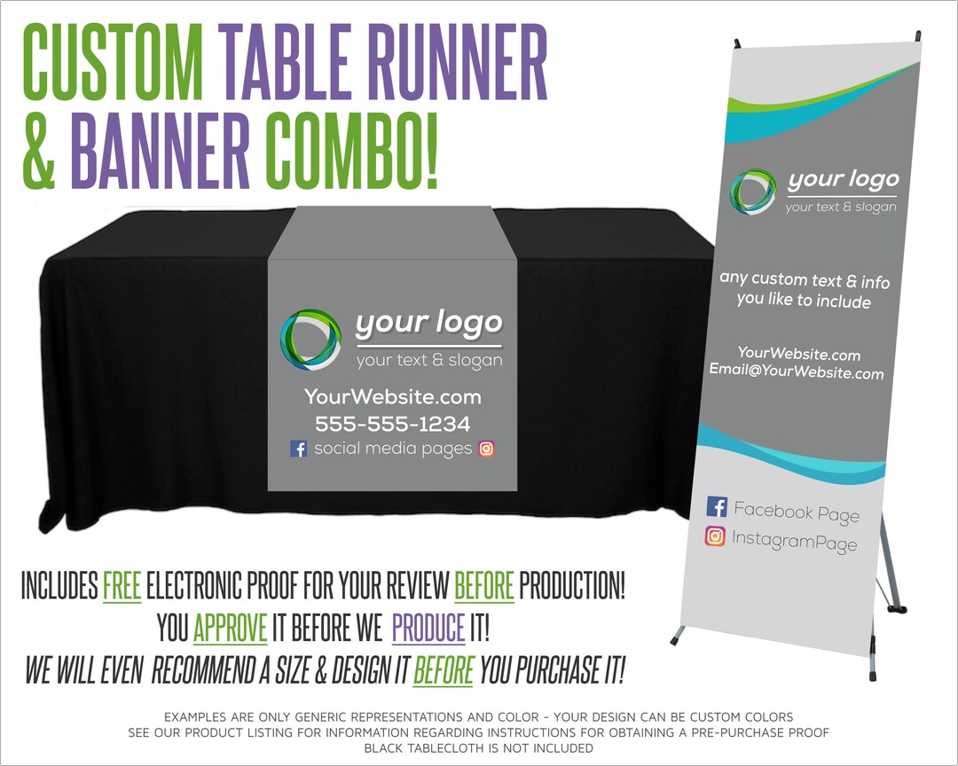 Custom Full Color Table Runner + Banner Stand Combo Set - Includes Free ...