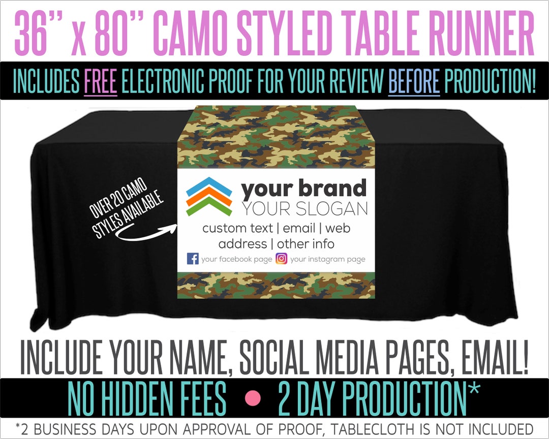 Full Color Table Runner With Your Logo With 25 Available Camo ...