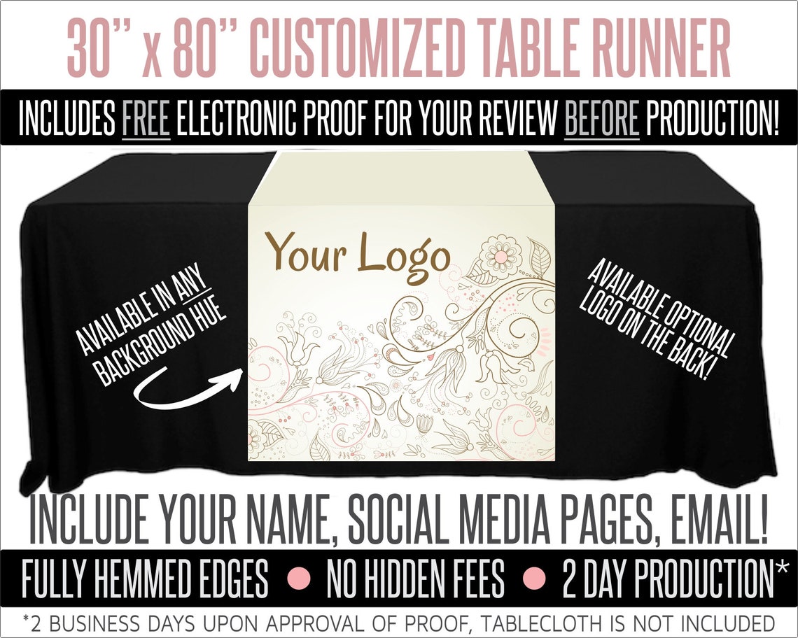 30" X 80" Full Color Table Runner With Your Logo - Scrolling Floral ...