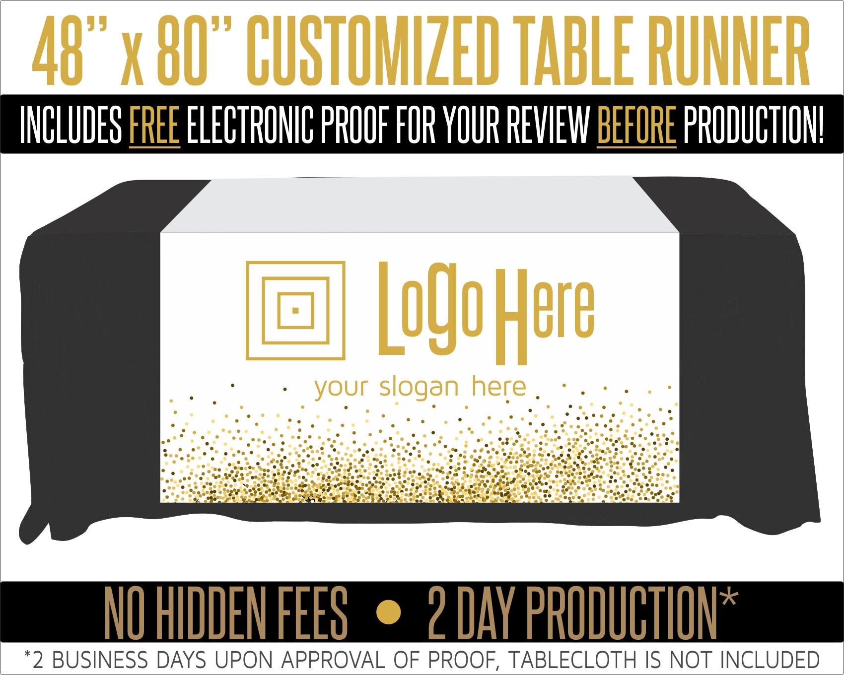 Full Color Table Runner With Your Logo With Gold Glitter - 48" X 80 ...