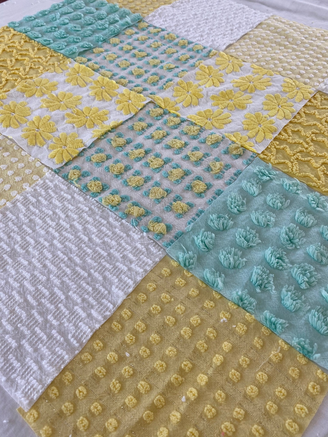 Sunny Yellows, Green & White QUILT Kit From Vintage Chenille Bedspreads ...