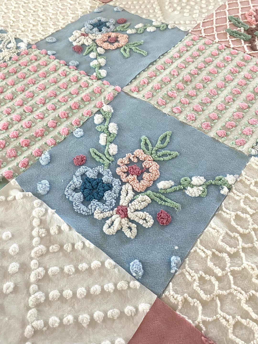 Pink & Blue Floral Quilt Kit From Vintage Chenille Bedspreads 8” - Etsy