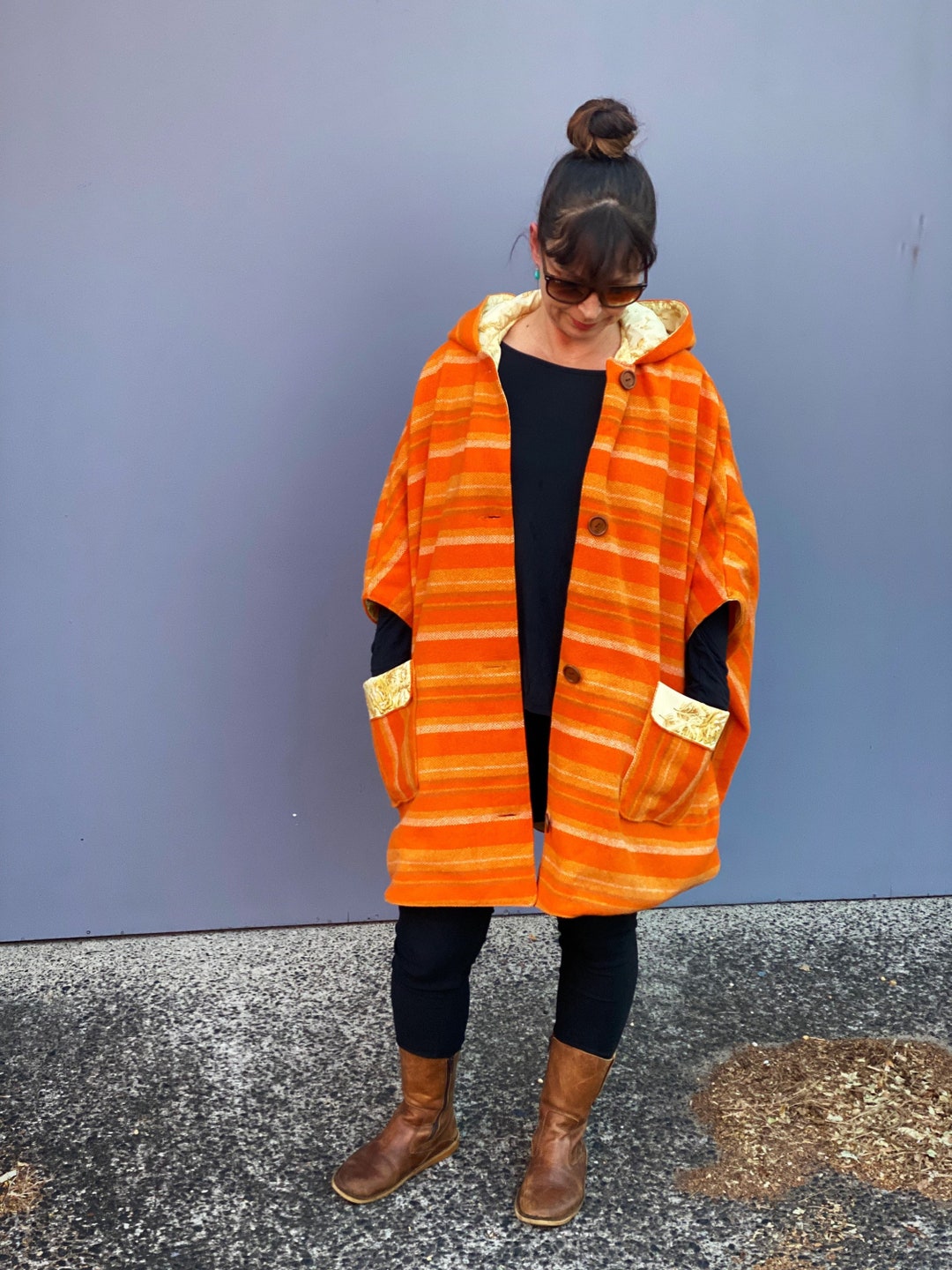 Repurposed Vintage Wool Blanket Cape, Bright Orange Blanket Cape ...