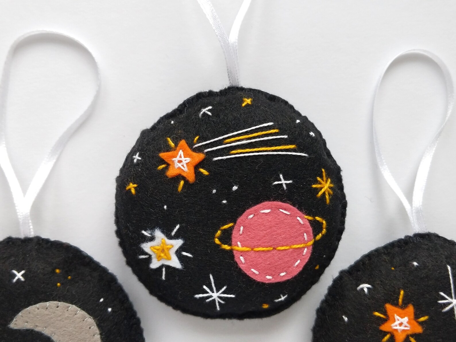 Space Embroidered Felt Ornament Set With the Moon Saturn - Etsy