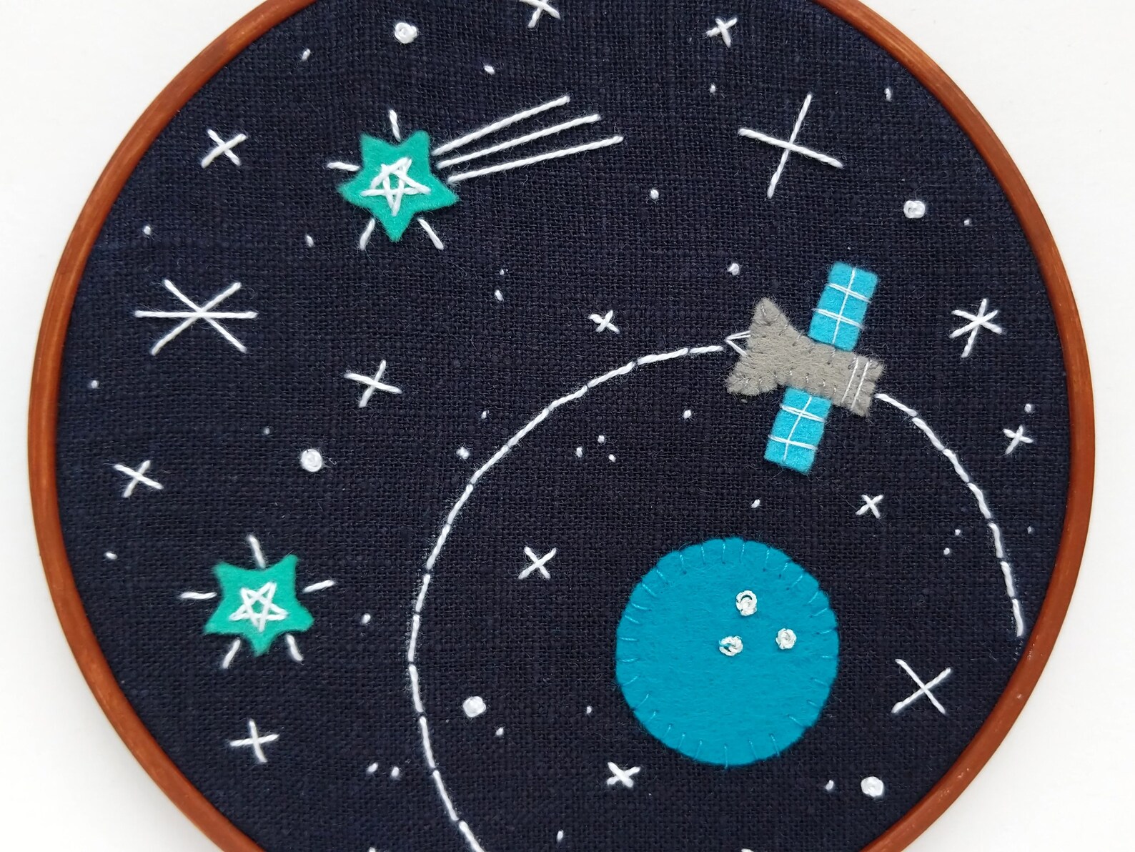 Space 35 Embroidery Hoop Art With a Planet and Satellite - Etsy