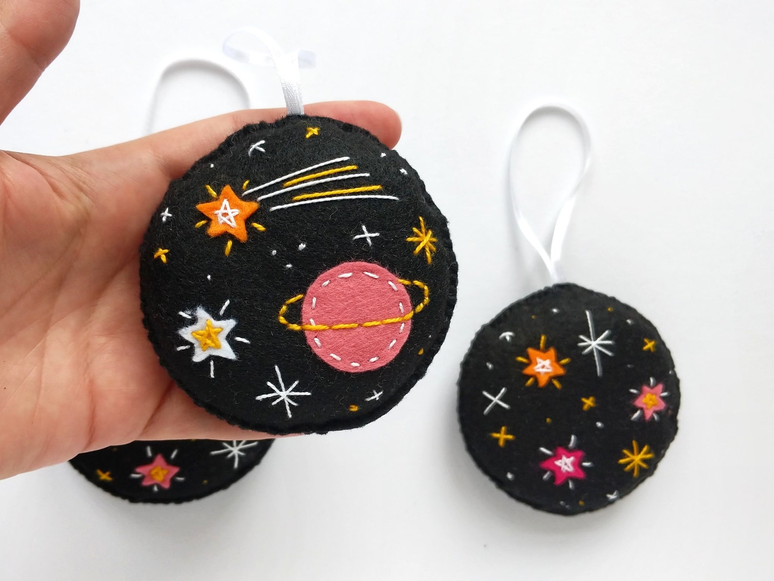 Space Embroidered Felt Ornament Set With the Moon Saturn - Etsy