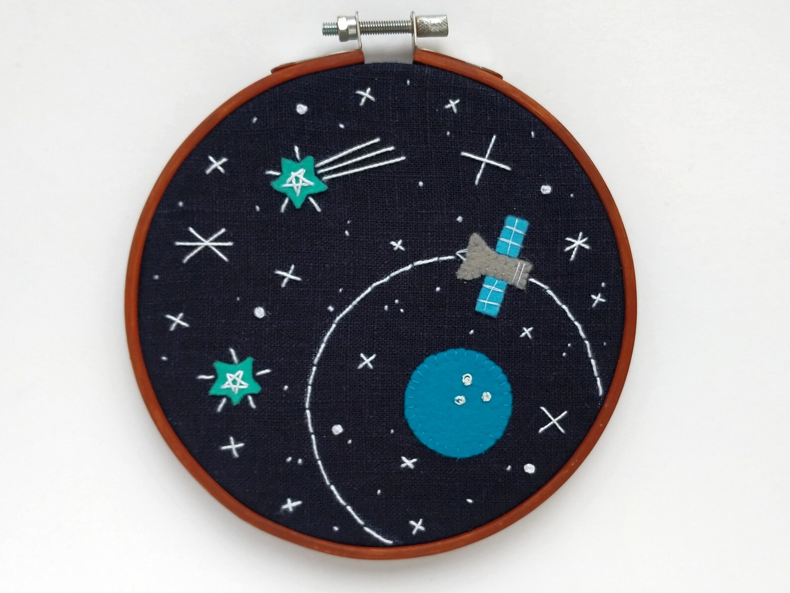 Space #35 Embroidery Hoop Art With a Planet and Satellite Orbiting ...