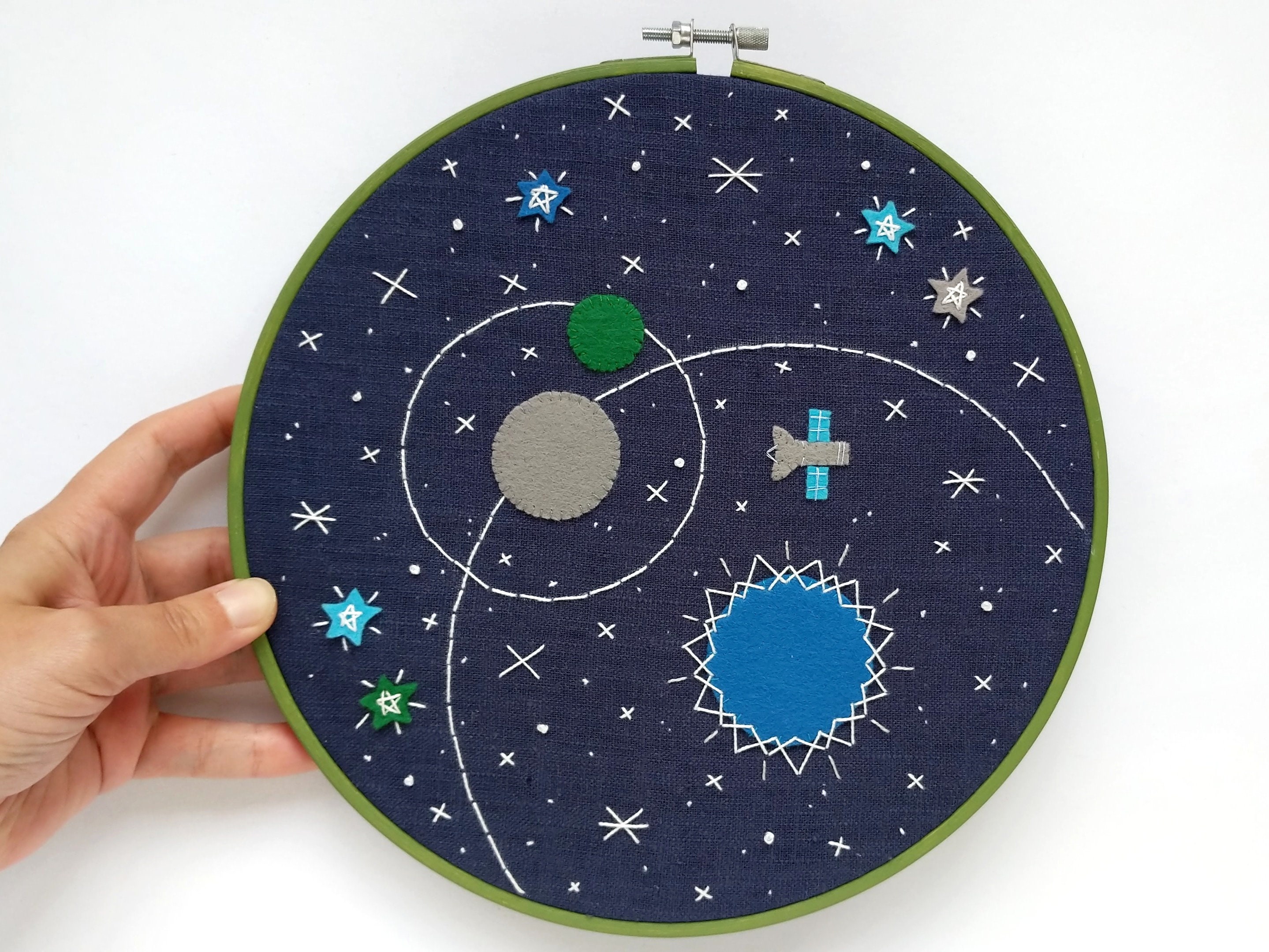 Space 30 Embroidery Hoop Art With the Sun, Planet, Moon and Satellite ...