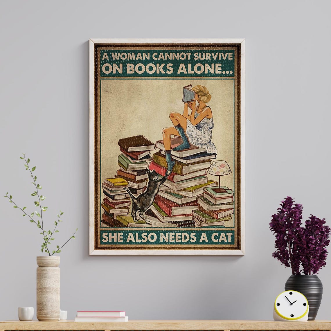 Girl Reading Book With Cat Print, A Woman Cannot Survive on Books ...