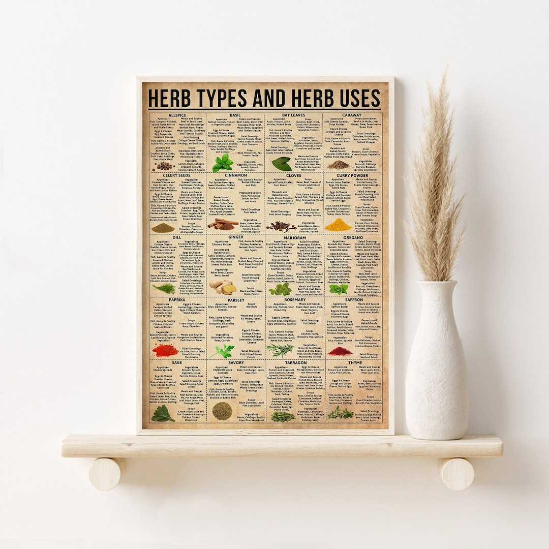 Kitchen Knowledge Decor, Herb Types and Herb Uses Poster, Cottage Core ...