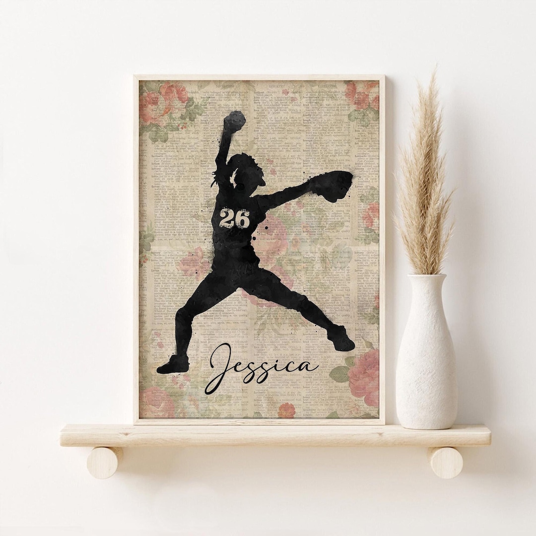Personalized Softball Poster, Floral Softball Girl Art Print, Softball ...