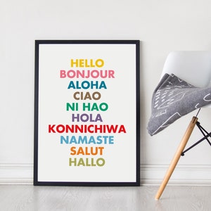 Hello in Different Languages Sign Colorful Typography Wall | Etsy