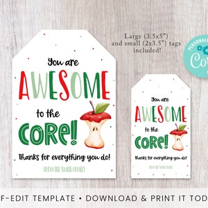 Apple Gift Tag, You Are Awesome to the Core, Teacher Appreciation Gift ...