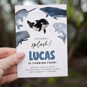 Whale Birthday Invitation, Cute Narwhal Orca Under the Sea Boy Birthday ...