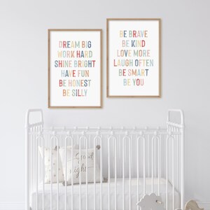 Dream Big Work Hard Nursery Prints Set of 2, Be Brave Be Kind ...