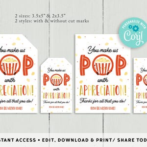 Editable Popcorn Gift Tag, Pop With Appreciation, Thank You Gift for ...
