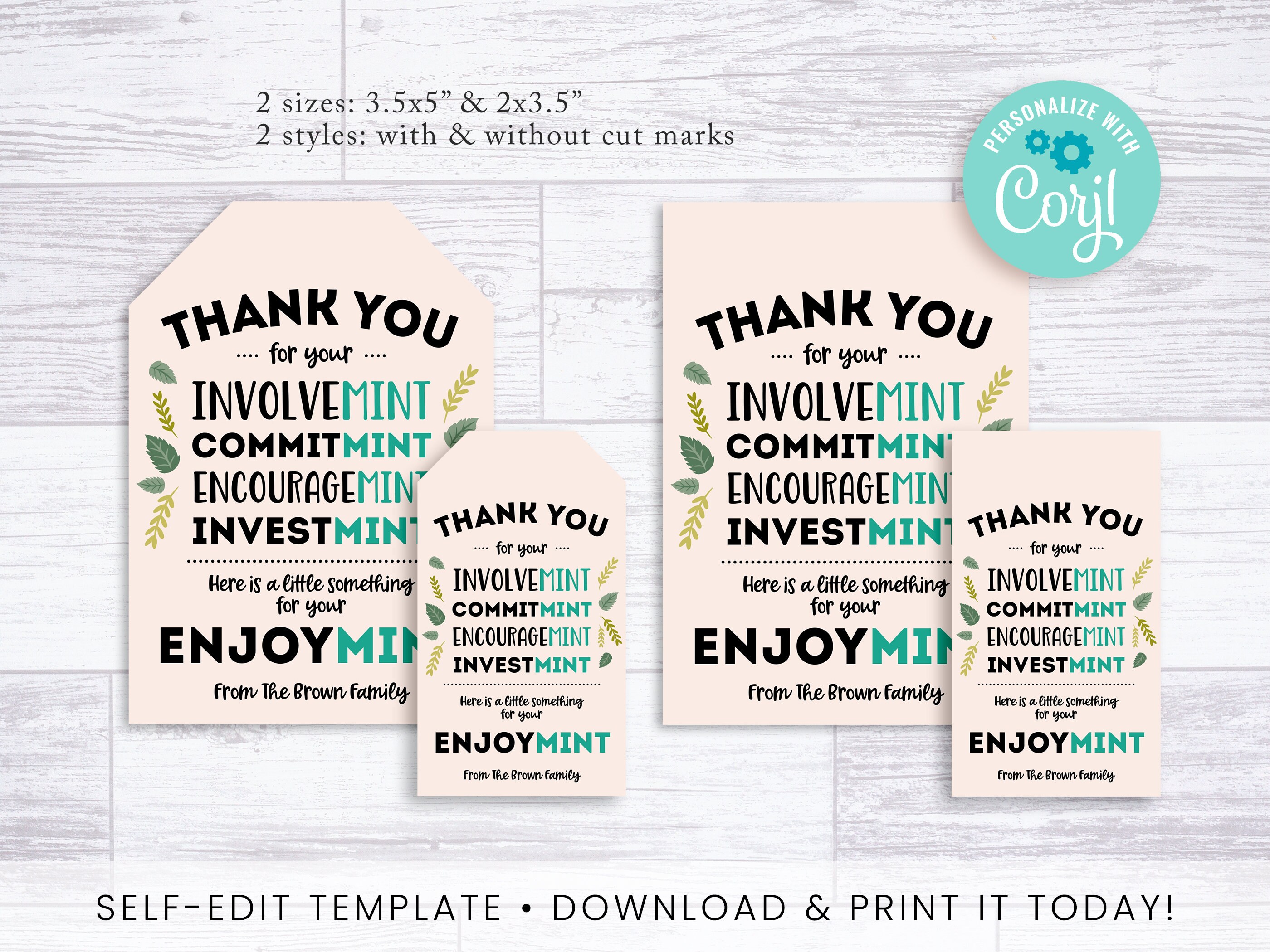 Volunteer Appreciation Gift Tags, Editable Mint Favor Tag, Thank You ...