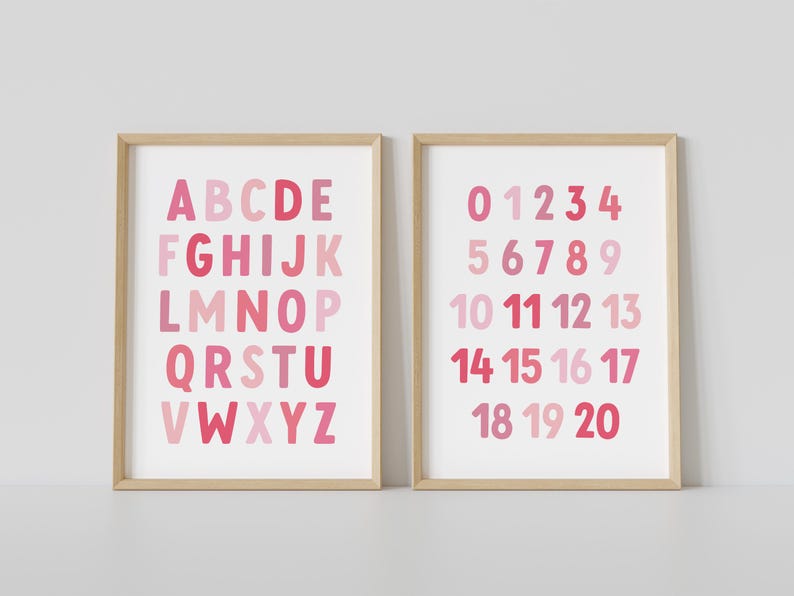 Pastel Pink Alphabet Poster, Numbers Shapes Prints, Educational Wall ...