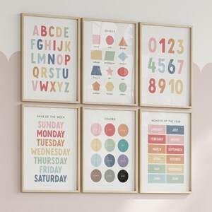 Rainbow Educational Posters, Alphabet Numbers Shapes Printable Wall Art ...