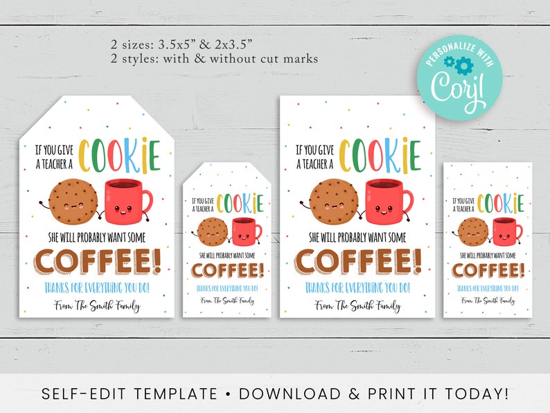 If You Give A Teacher A Cookie Gift Tag, Editable Teacher Appreciation ...
