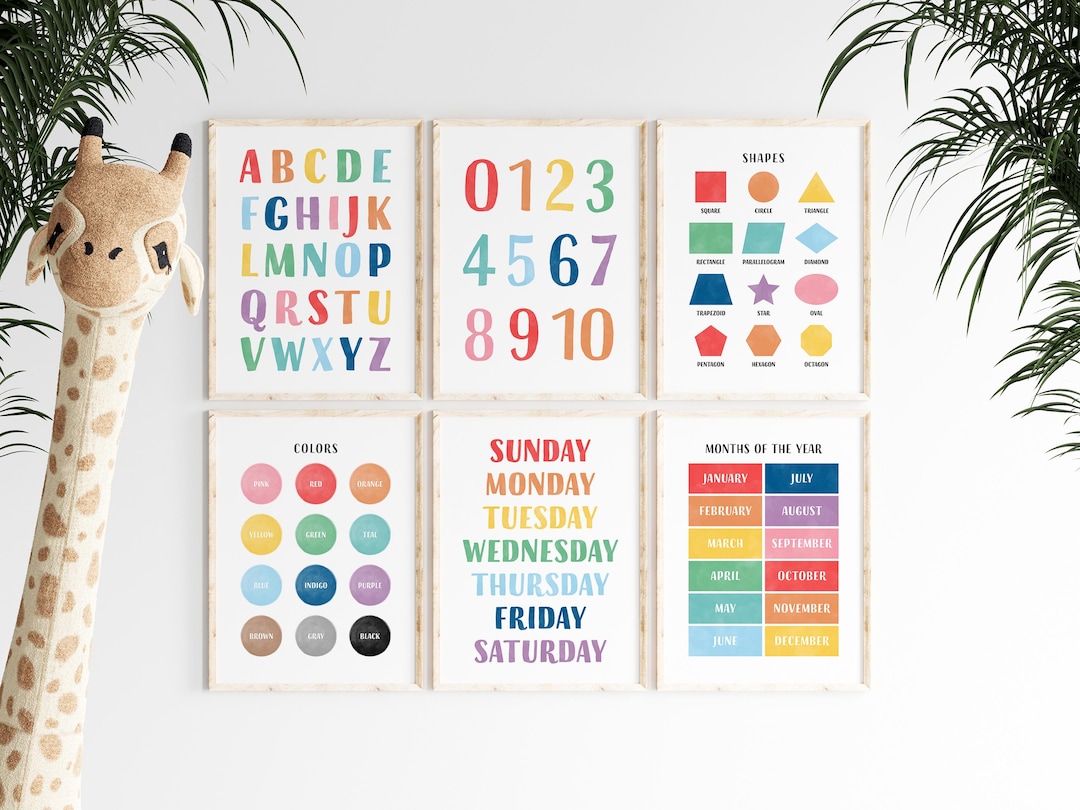 Rainbow Educational Posters, Alphabet Numbers Shapes, Set of 6 ...