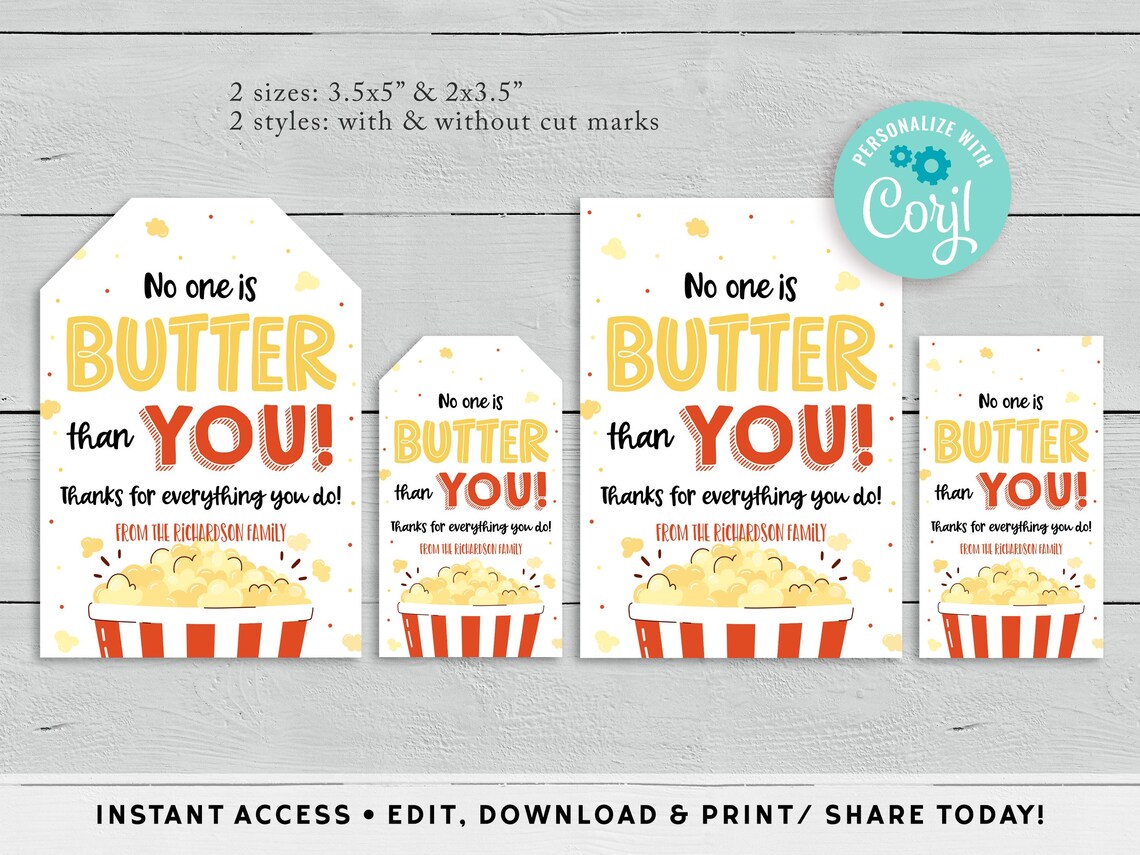 Popcorn Tag Editable, No One is Butter Than You, Volunteer Teacher ...