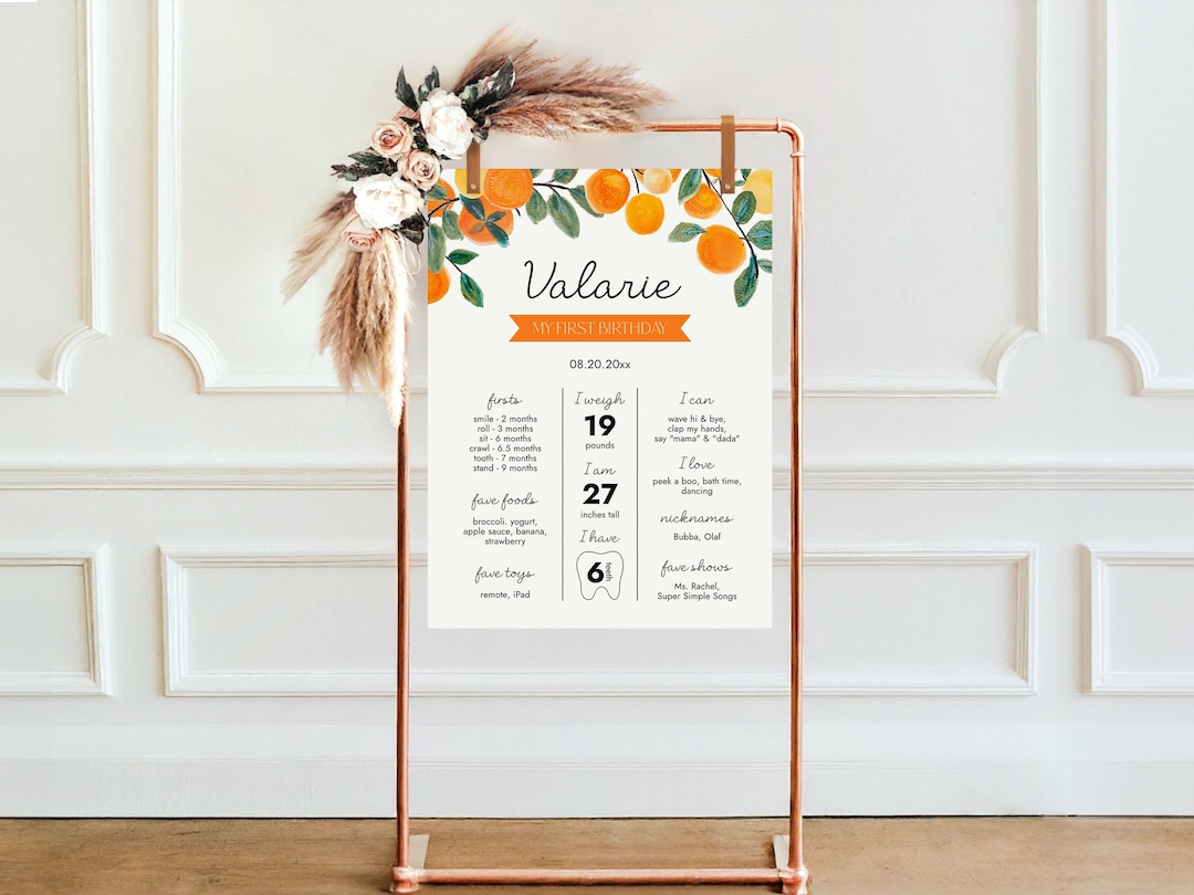Orange First Birthday Milestone Poster, Citrus Clementine Girl Birthday ...