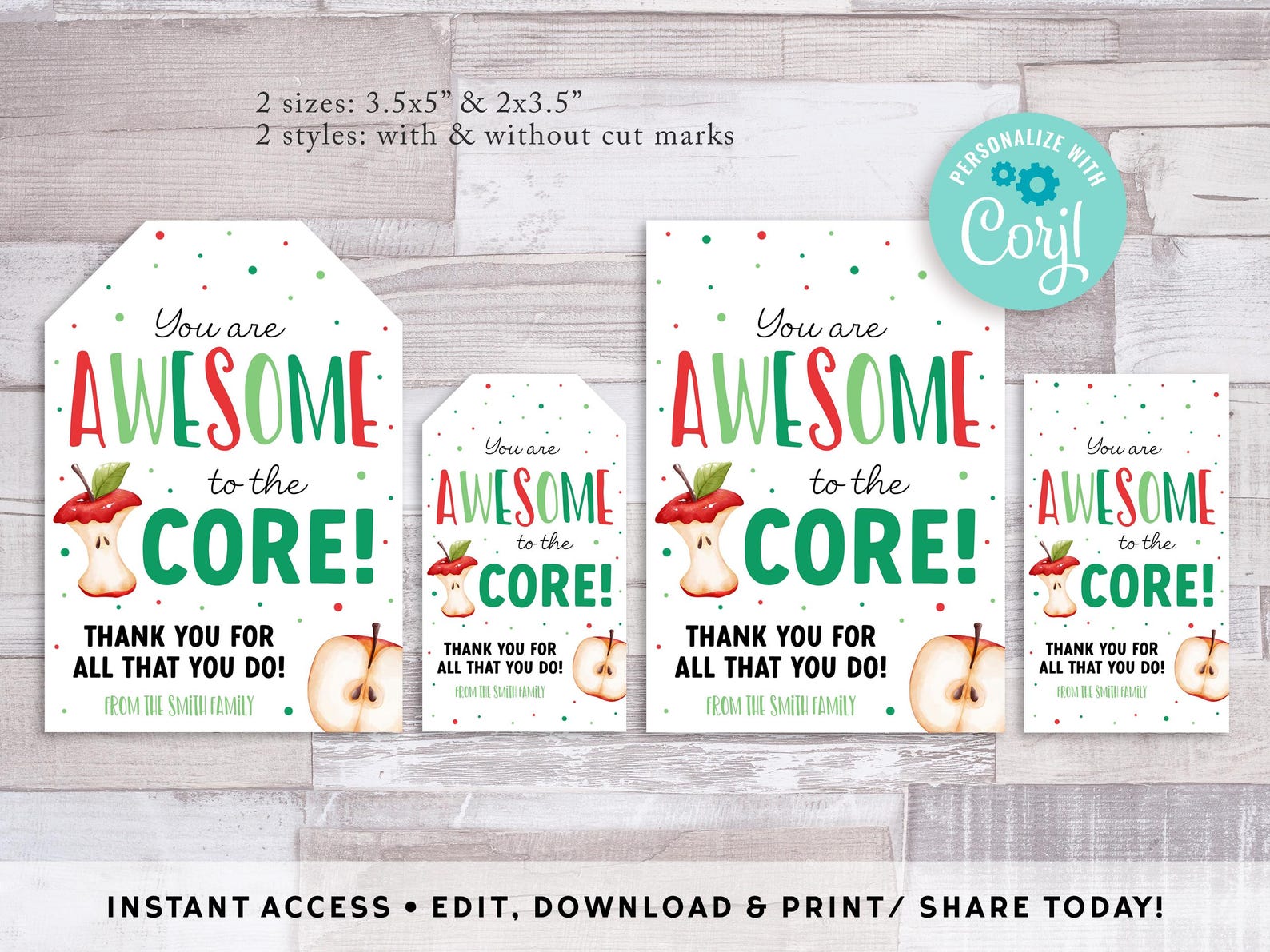 Apple Gift Tag, You Are Awesome to the Core, Teacher Appreciation Gift ...