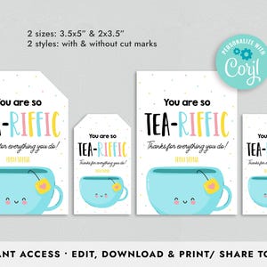 Tea Gift Tags, Editable Tea-riffic Thank You Gift Label, Teacher Nurse ...