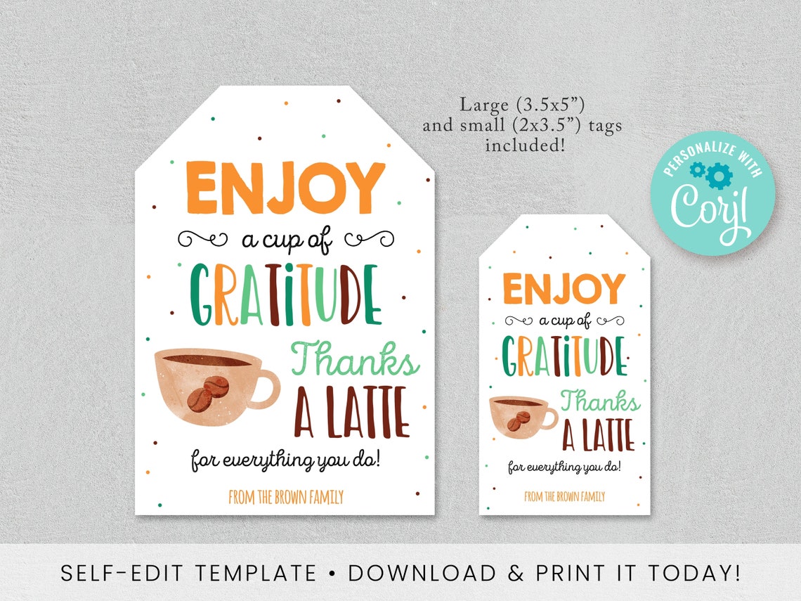 Coffee Thank You Gift Tag Thanks A Latte Appreciation Gifts | Etsy