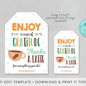 Coffee Thank You Gift Tag, Thanks A Latte Appreciation Gifts for ...