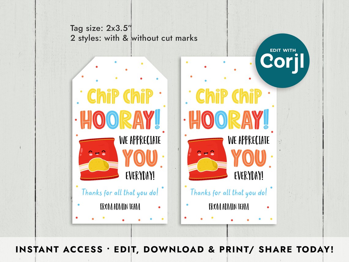 Chips Thank You Tag, Editable Chip Chip Hooray Gift Tag for Teacher ...