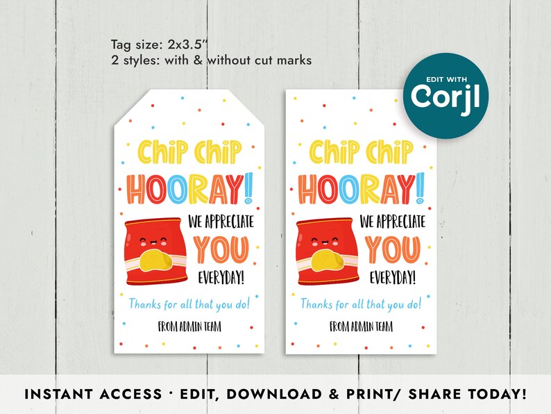 Chips Thank You Tag, Editable Chip Chip Hooray Gift Tag for Teacher ...