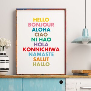 Hello in Different Languages Sign Colorful Typography Wall | Etsy