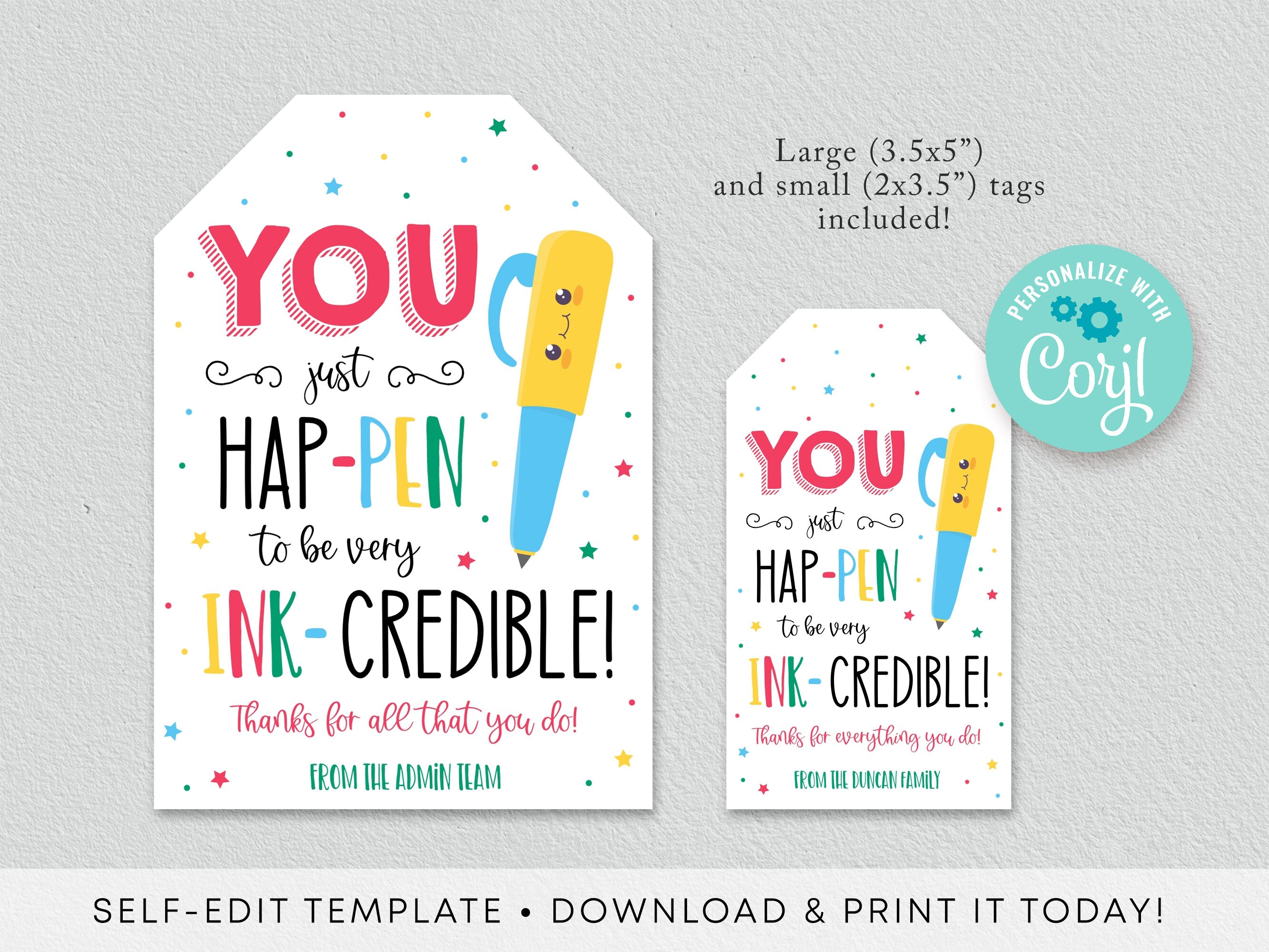 Pen Thank You Gift Tag Editable Appreciation Gift for Teacher - Etsy ...