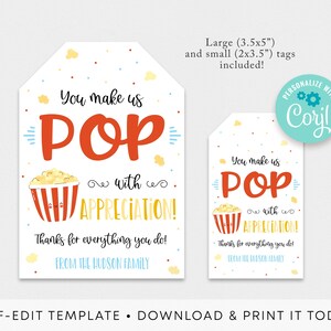 Editable Popcorn Gift Tag, Pop With Appreciation, Thank You Gift for ...