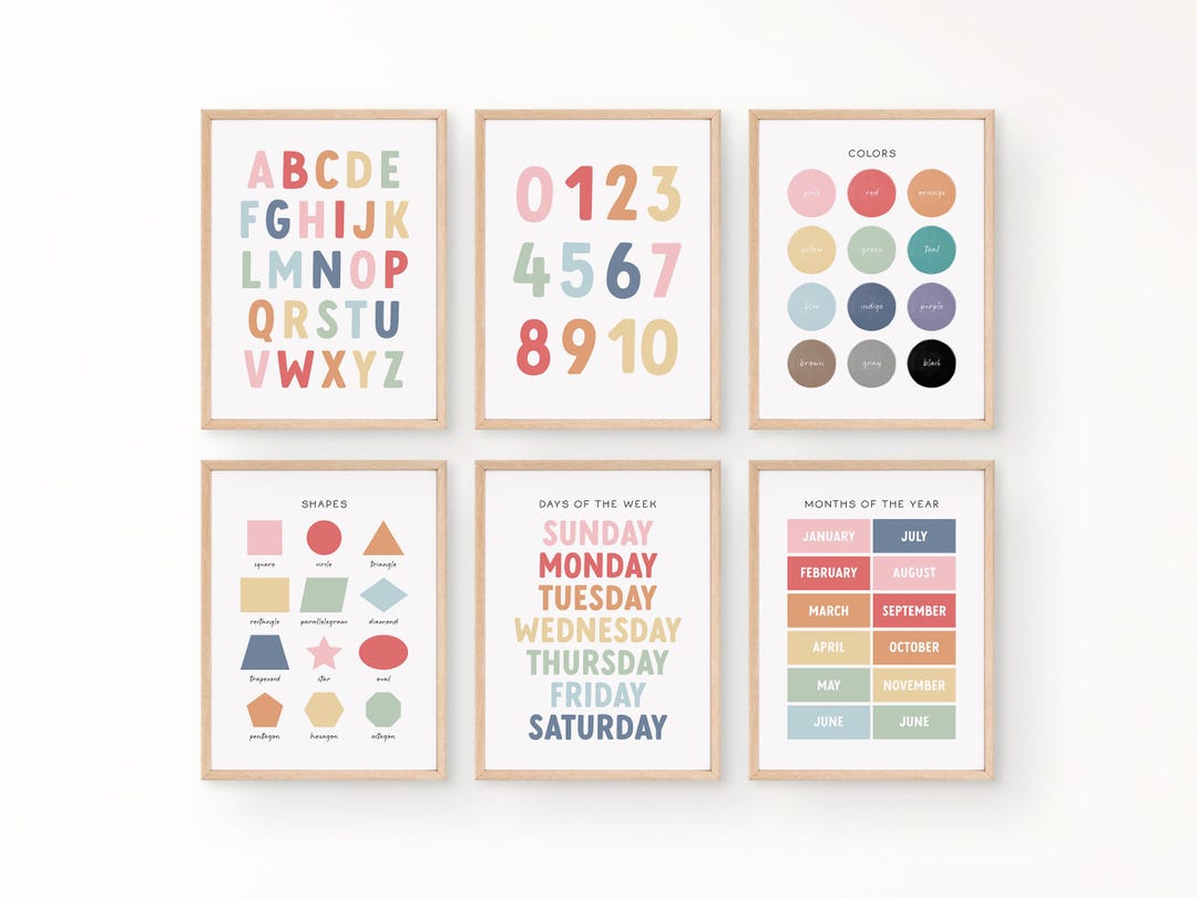 Rainbow Educational Posters, Alphabet Numbers Shapes Printable Wall Art ...