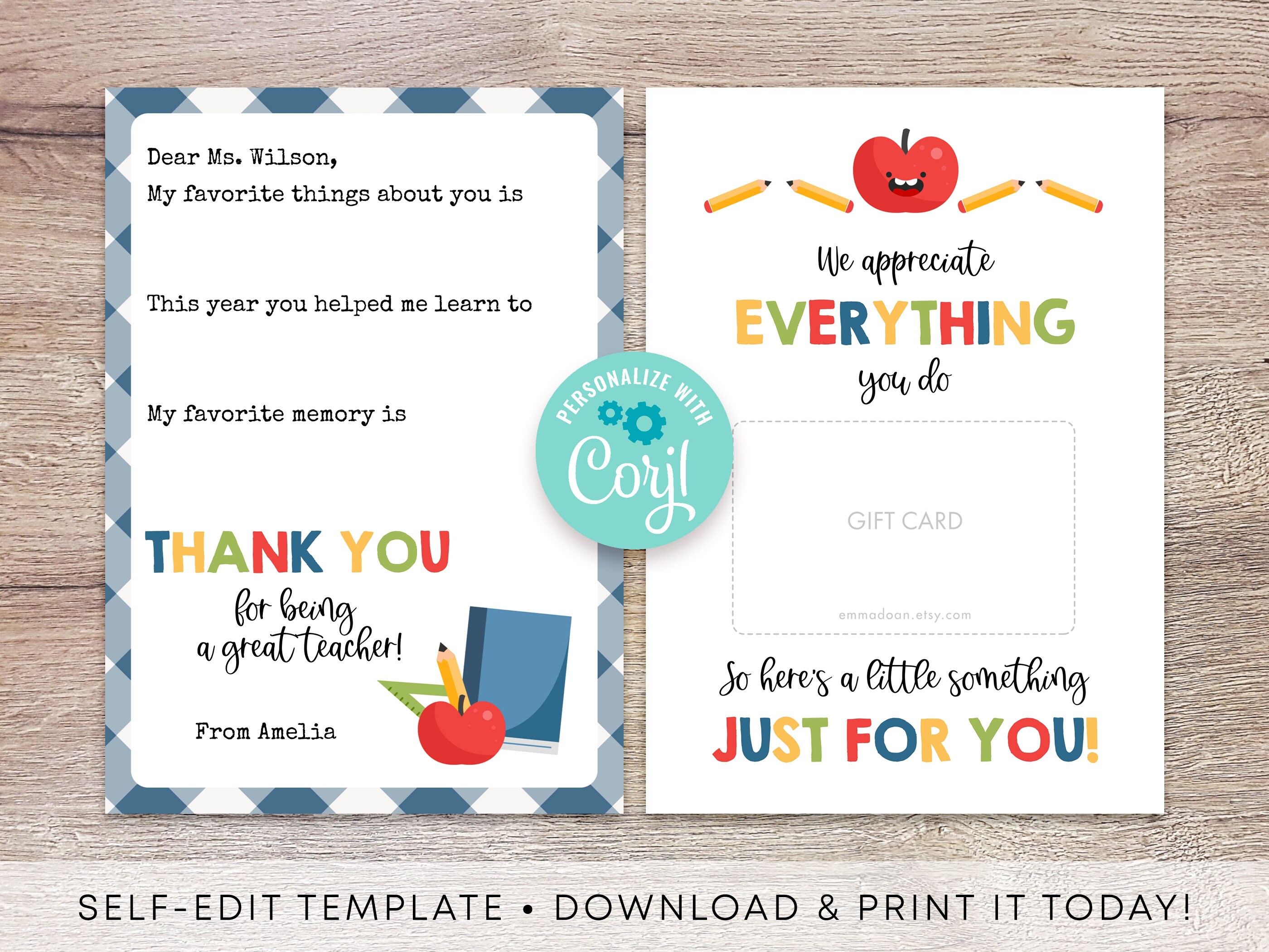 Teacher Appreciation Gift Card Holder Editable Teacher Thank | Etsy