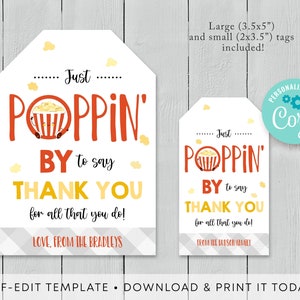 Popcorn Gift Tag Editable Popping by to Say Thank You - Etsy