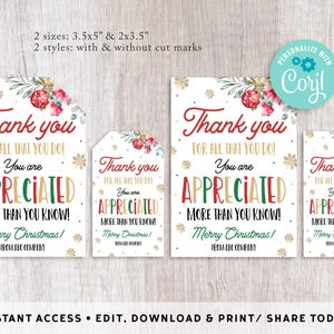 Editable Christmas Thank You Gift Tag, Teacher Staff Employee Holiday ...