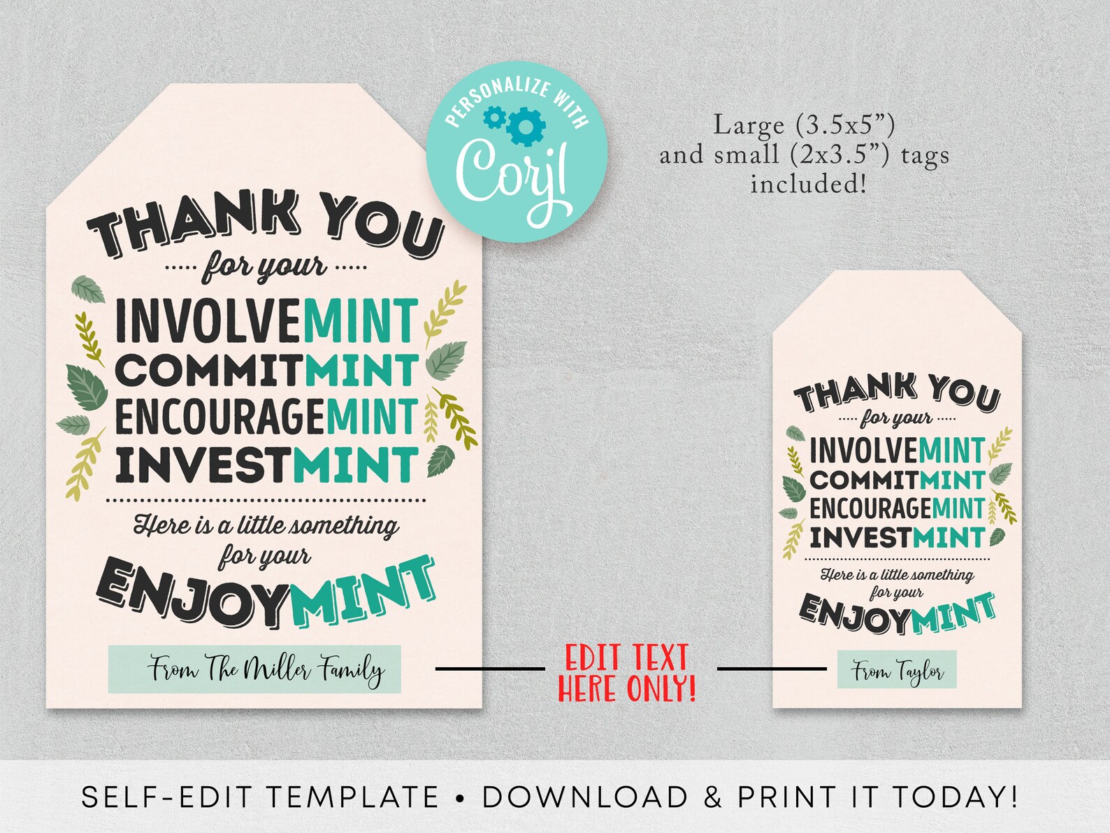 Volunteer Appreciation Gift Tags Editable Mint Favor Tag - Etsy