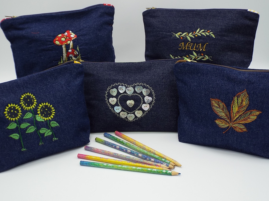 Denim Pencil Case With Machine Embroidery Designs & Contrast Linings ...
