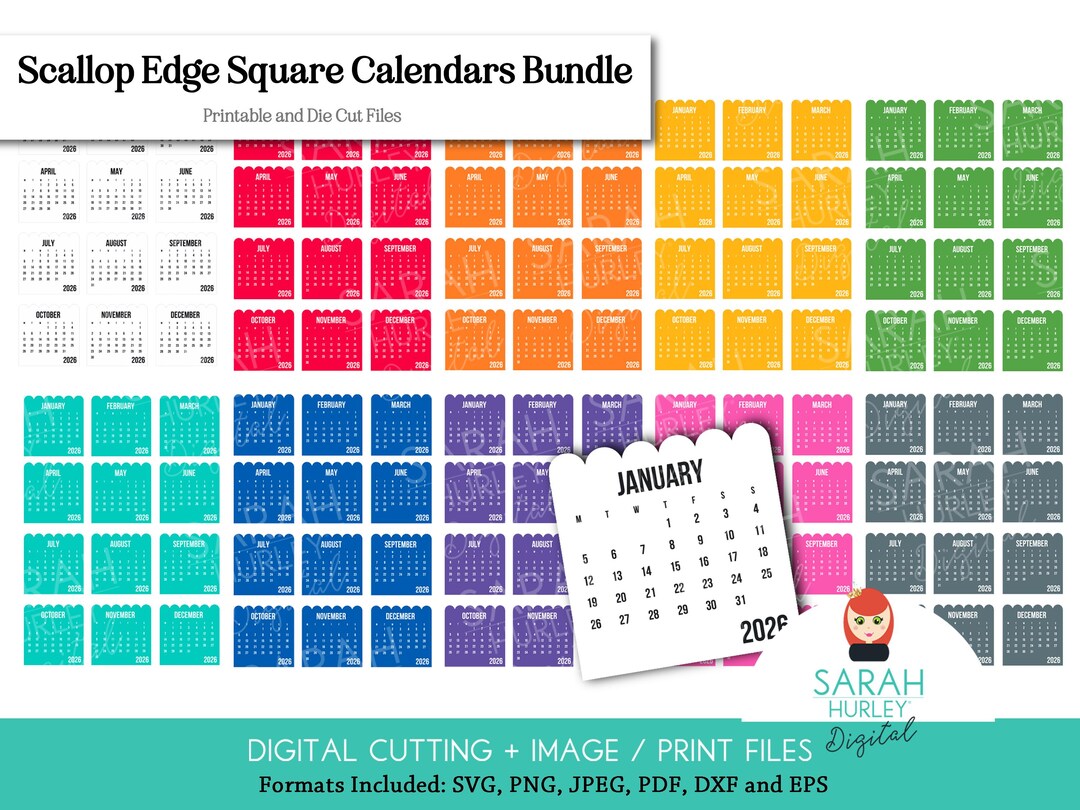 2026 Scallop Edge Square Calendar Bundle | Printable Mini Calendars ...