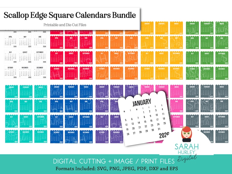 2026 Scallop Edge Square Calendar Bundle | Printable Mini Calendars ...