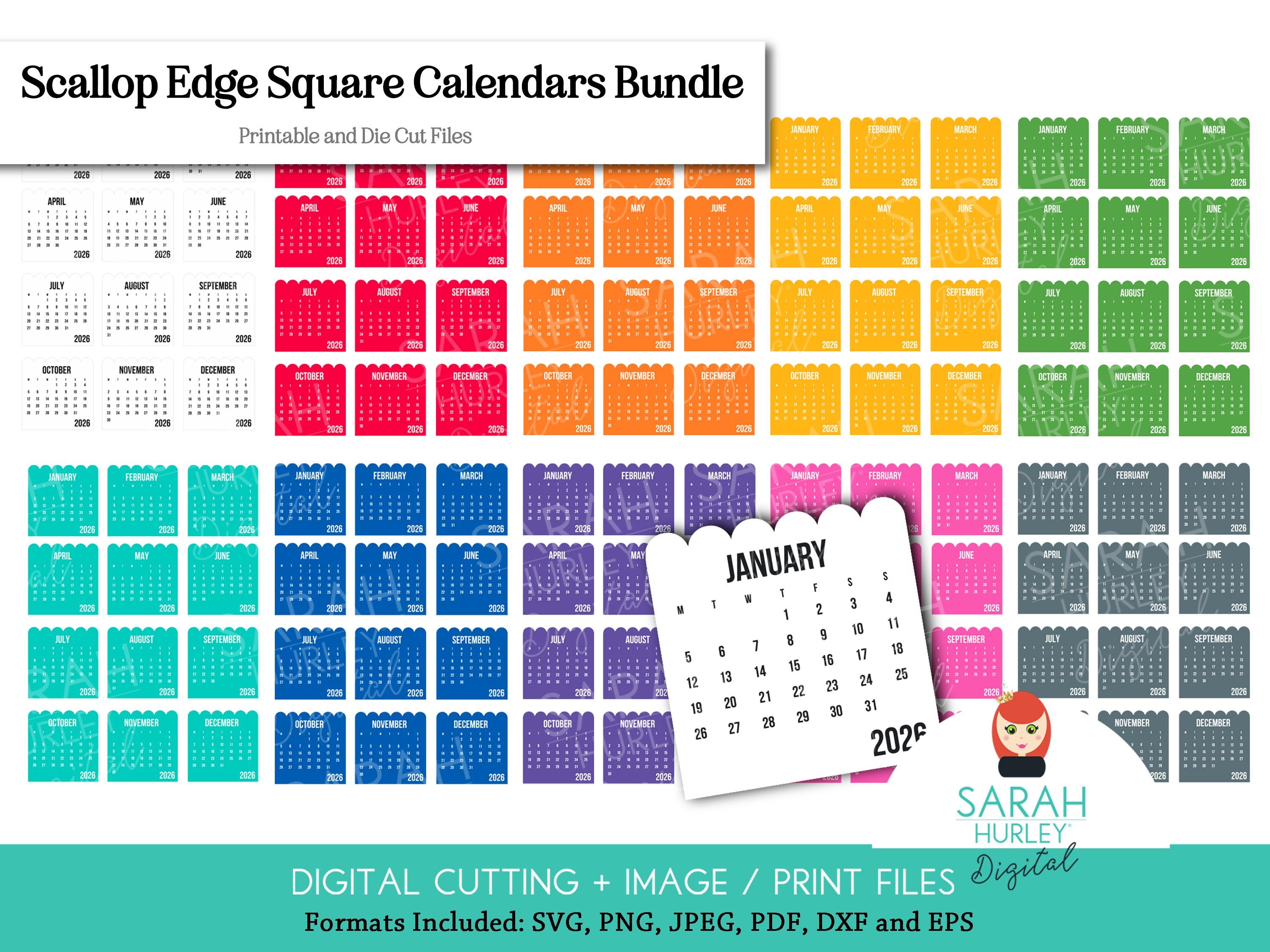 2026 Scallop Edge Square Calendar Bundle | Printable Mini Calendars ...